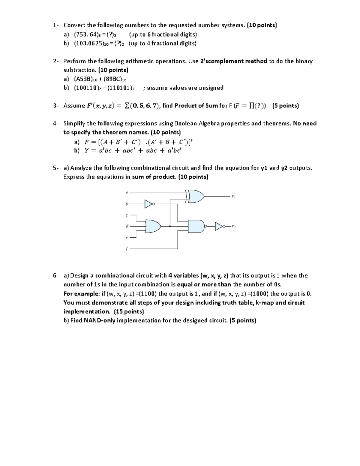 Sample midterm exam coen212 - 1 - Convert the following numbers to the requested number systems ...