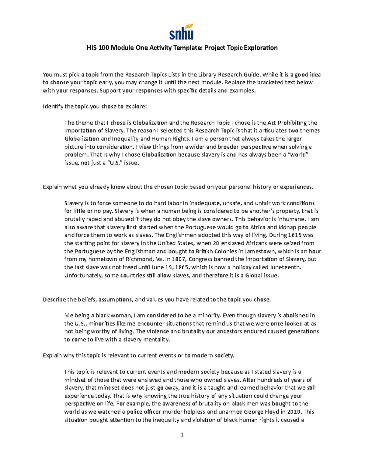 HIS 100 Module One Activity Template assignment - HIS 100 Module One ...
