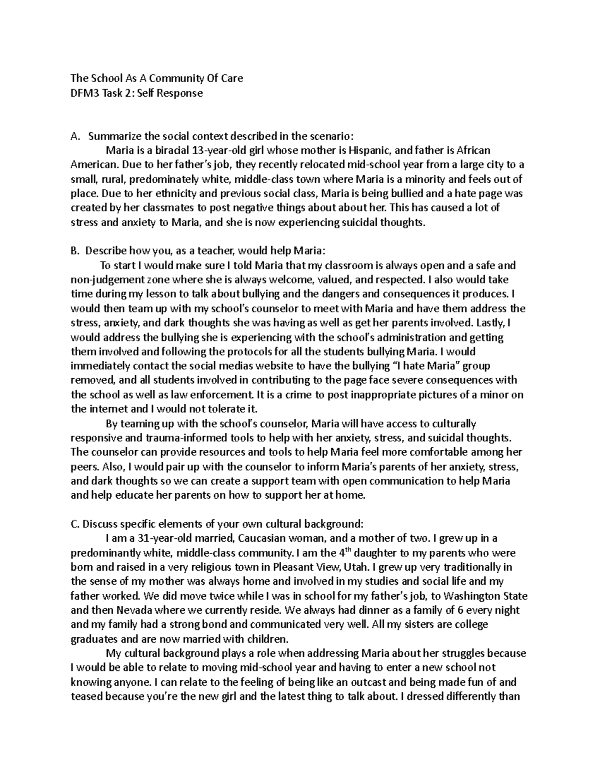 DFM3 Task 2- Self Response - The School As A Community Of Care DFM3 ...
