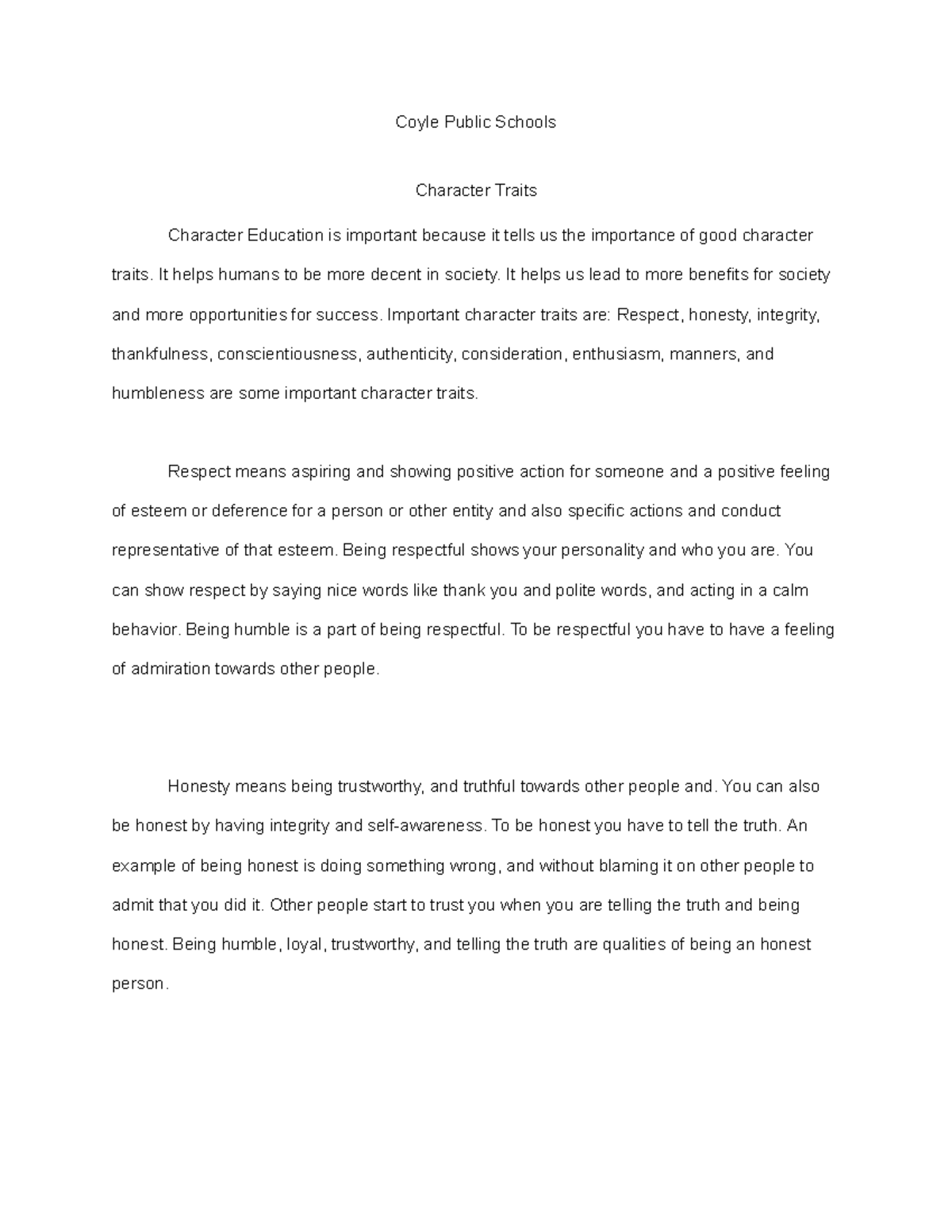 Character Education Essay - Coyle Public Schools Character Traits ...