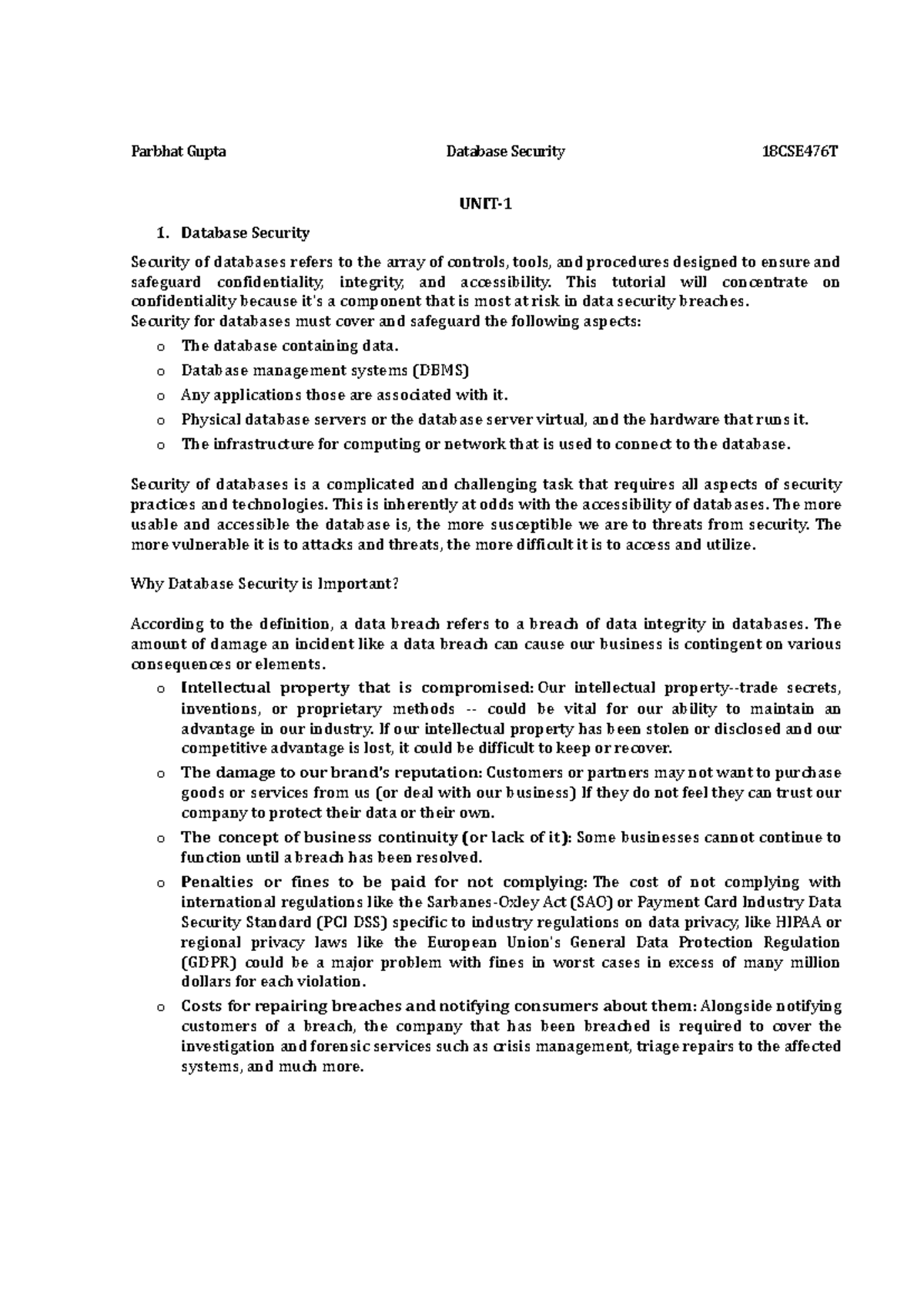 Unit 1 Unit 2 Unit 3 Unit 4 Lecture Notes For Reference Unit Database Security Security
