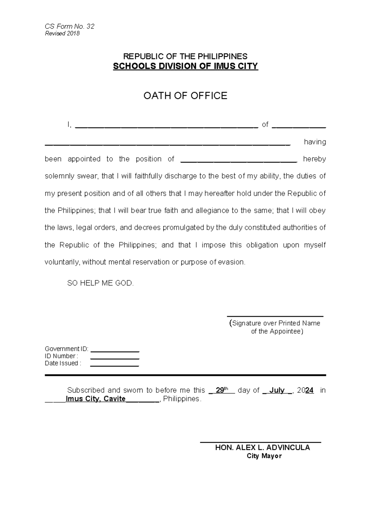 CS Form No. 32 Oath of Office AA th - CS Form No. 32 Revised 2018 ...