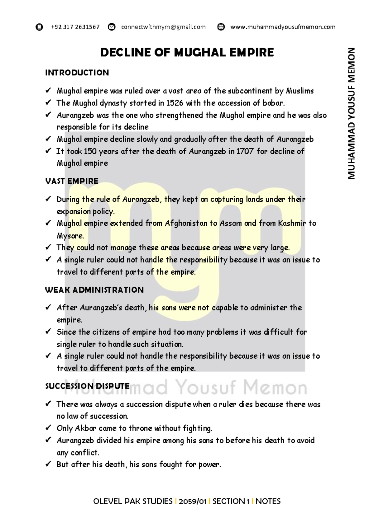 Section 1 Notes - History olevels stuff - MUHAMMAD YOUSUF MEMON DECLINE ...