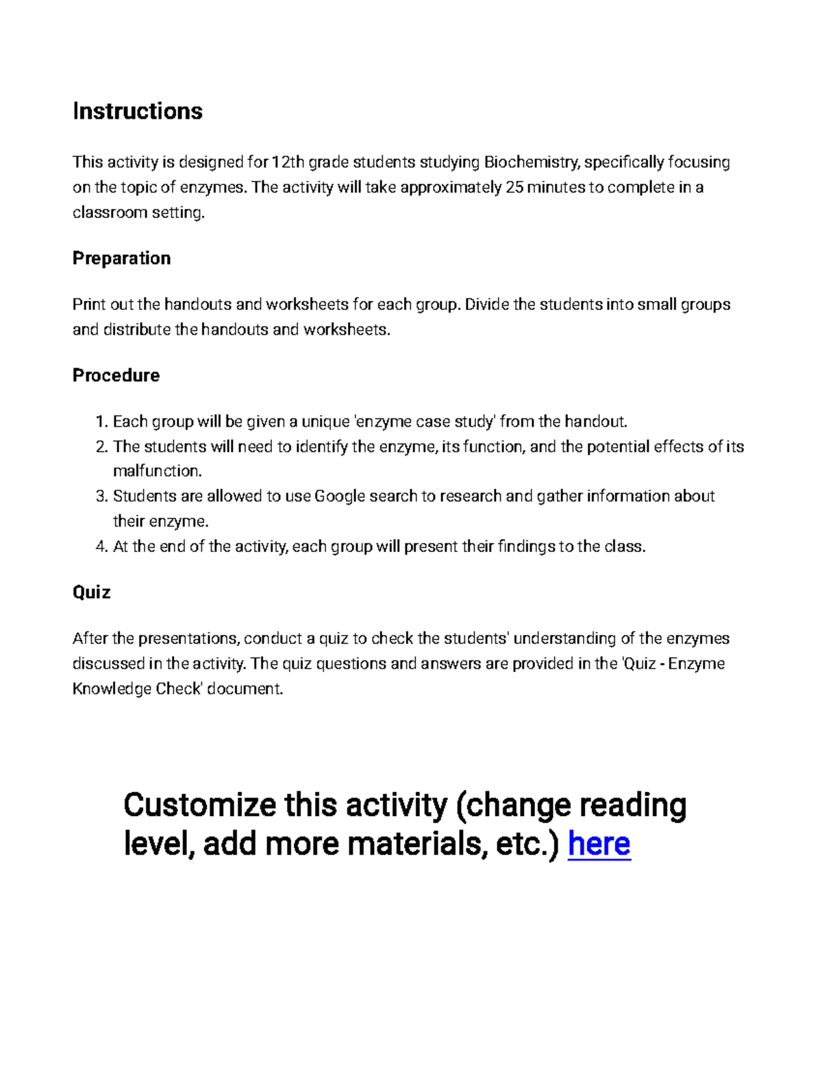 Enzyme Case Study Expedition Handoutworksheetquiz-1 - Instructions This ...