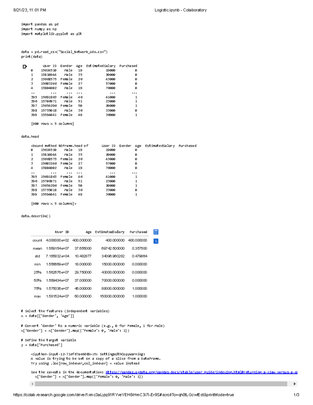 Logistic.ipynb - Colaboratory - 8/21/23, 11:01 PM Logistic - Colaboratory - Studocu