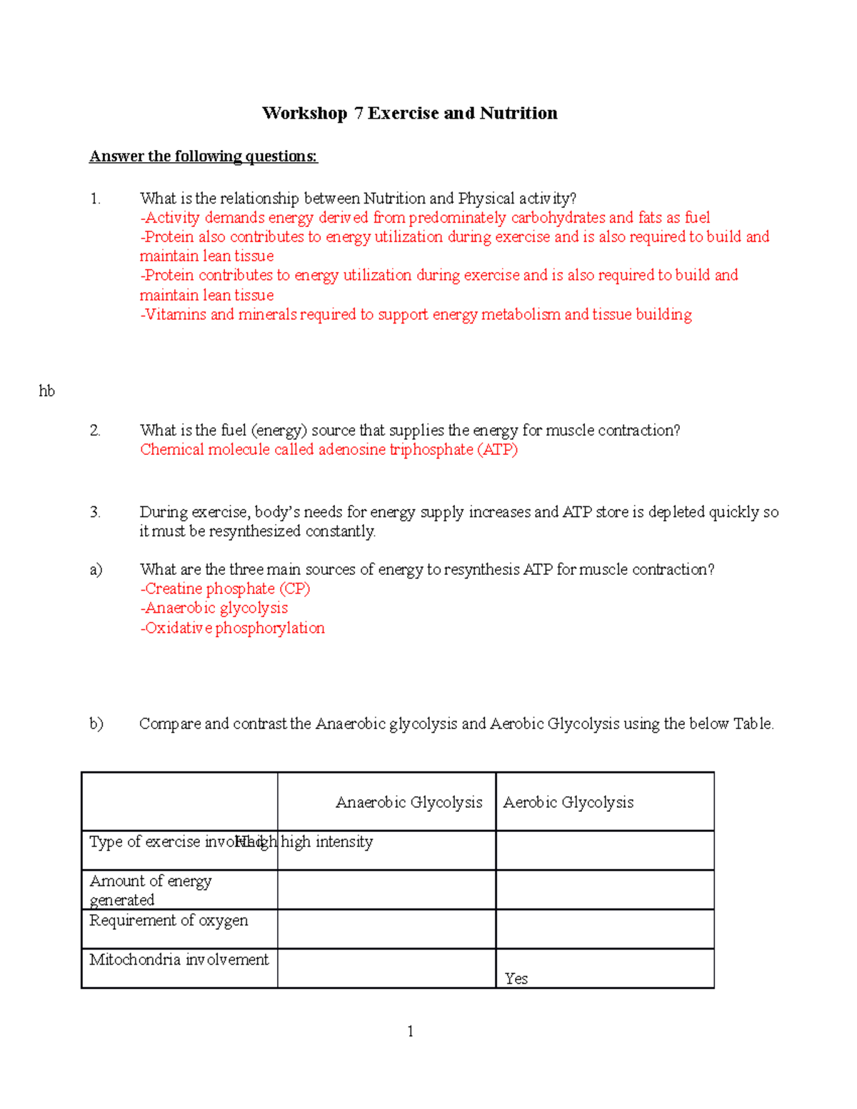 Questions Exercise and Nutrition - Workshop 7 Exercise and Nutrition ...