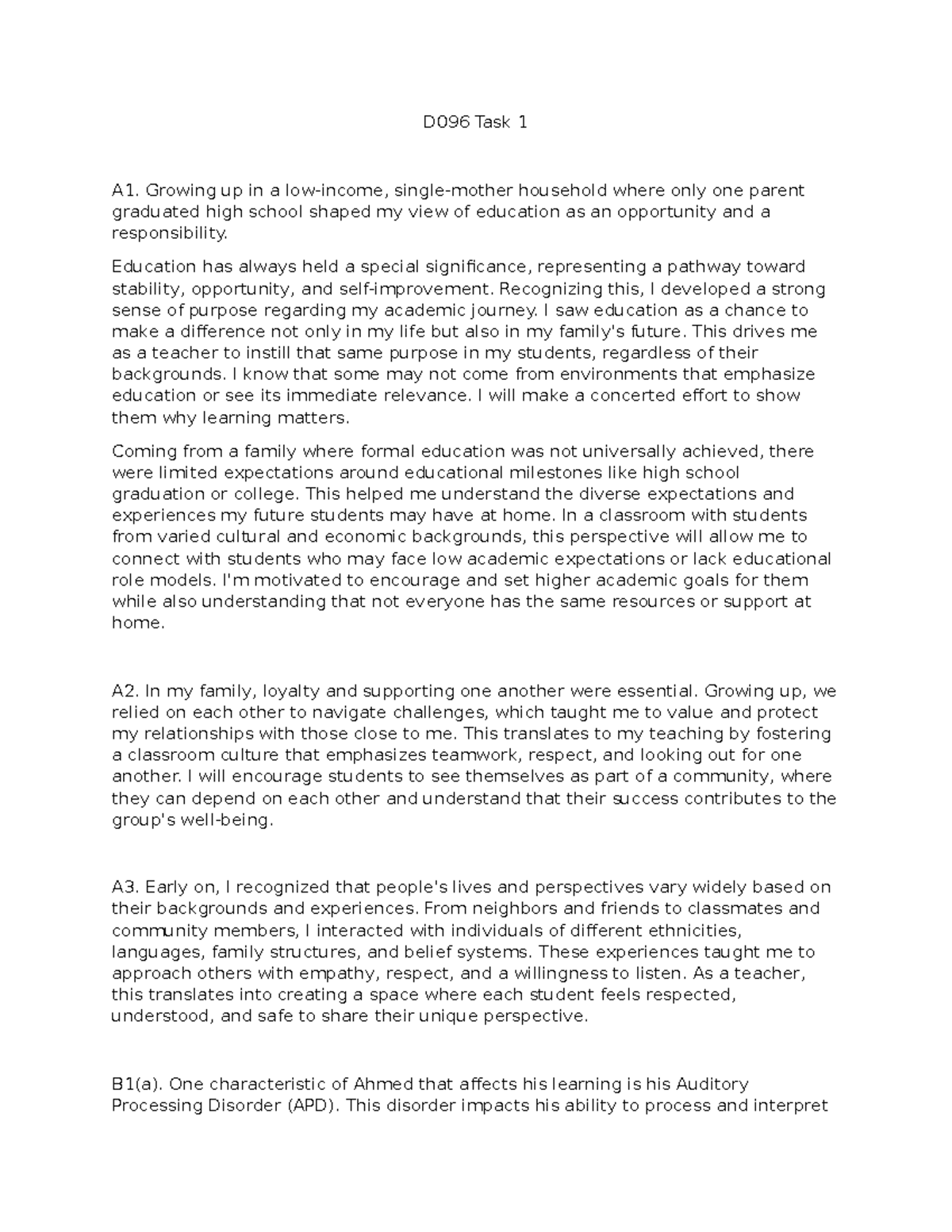 D096 Task 1 - Task 1, passed on first submission. - D096 Task 1 A1 ...