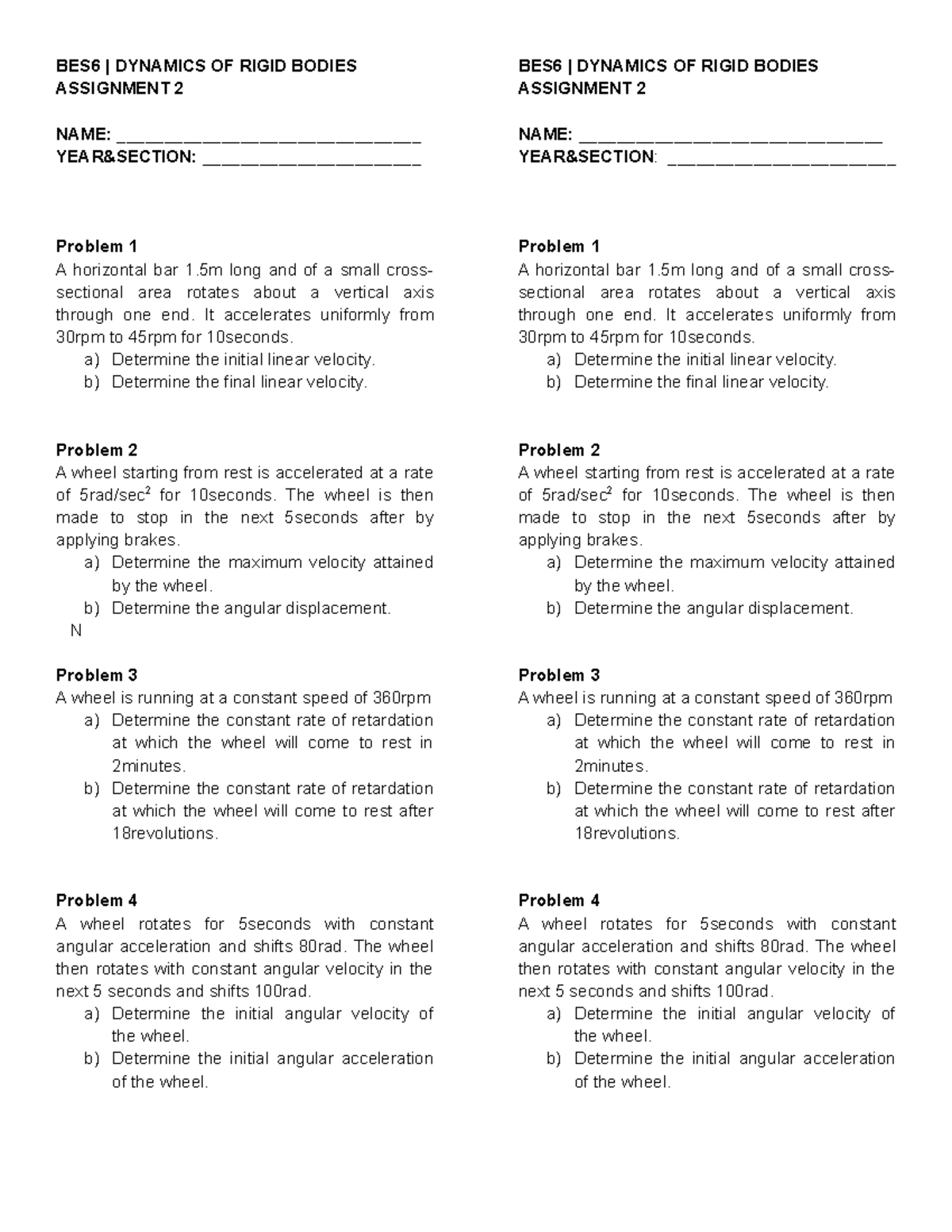 Problem SET 10 - gdgdgdg - BES6 | DYNAMICS OF RIGID BODIES ASSIGNMENT 2 ...