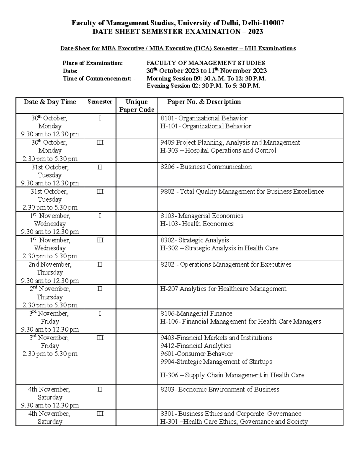 Date Sheet November Exam, 2023 - Faculty of Management Studies ...