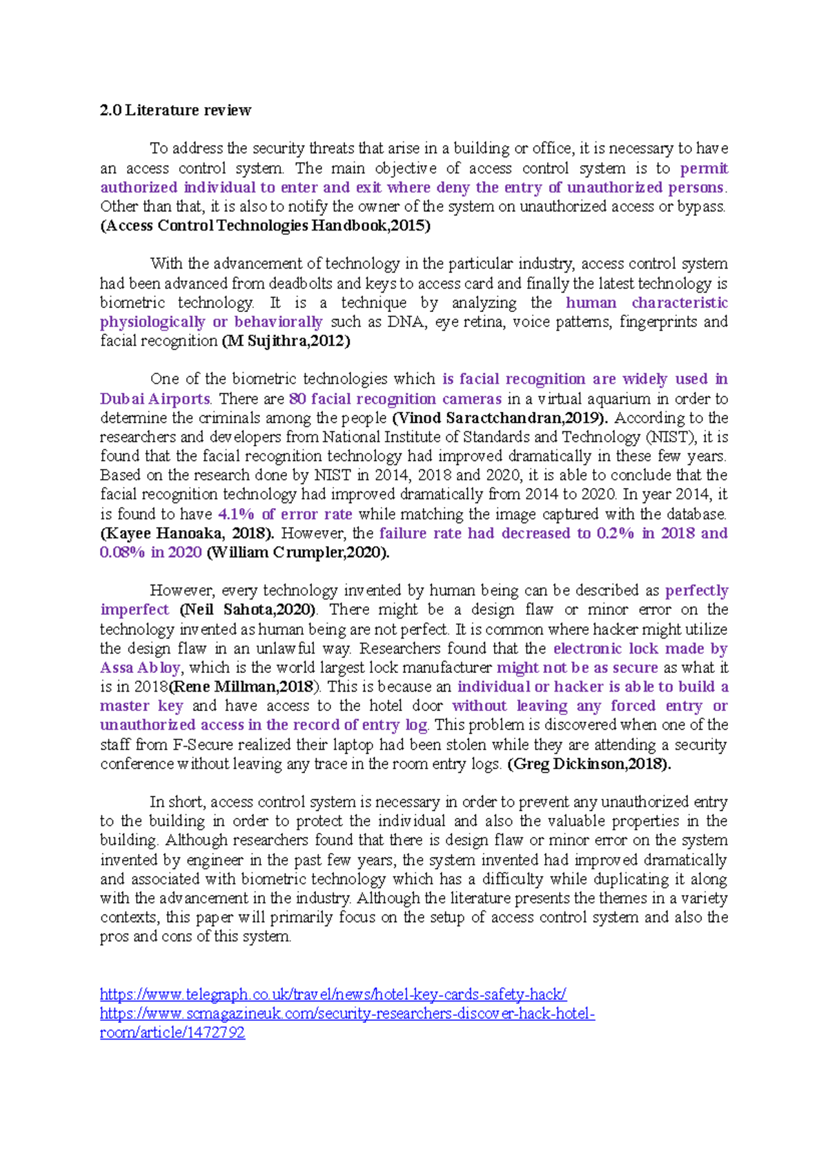 Literature review for biometric control access system - 2 Literature ...