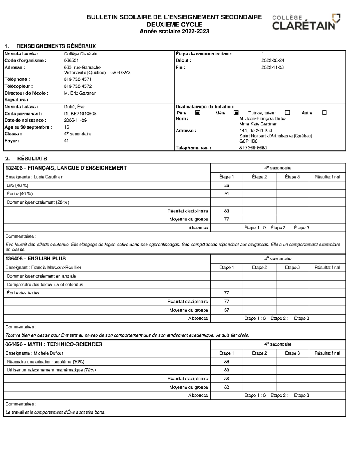 Bulletin scolaire 1 - Allo - BULLETIN SCOLAIRE DE L'ENSEIGNEMENT ...