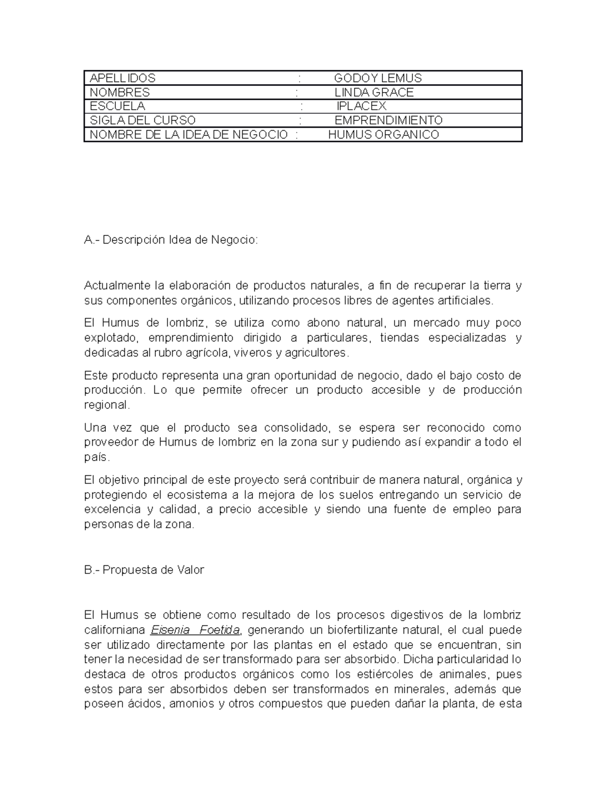 Taller Emprendimiento 3 - APELLIDOS : GODOY LEMUS NOMBRES : LINDA GRACE ...