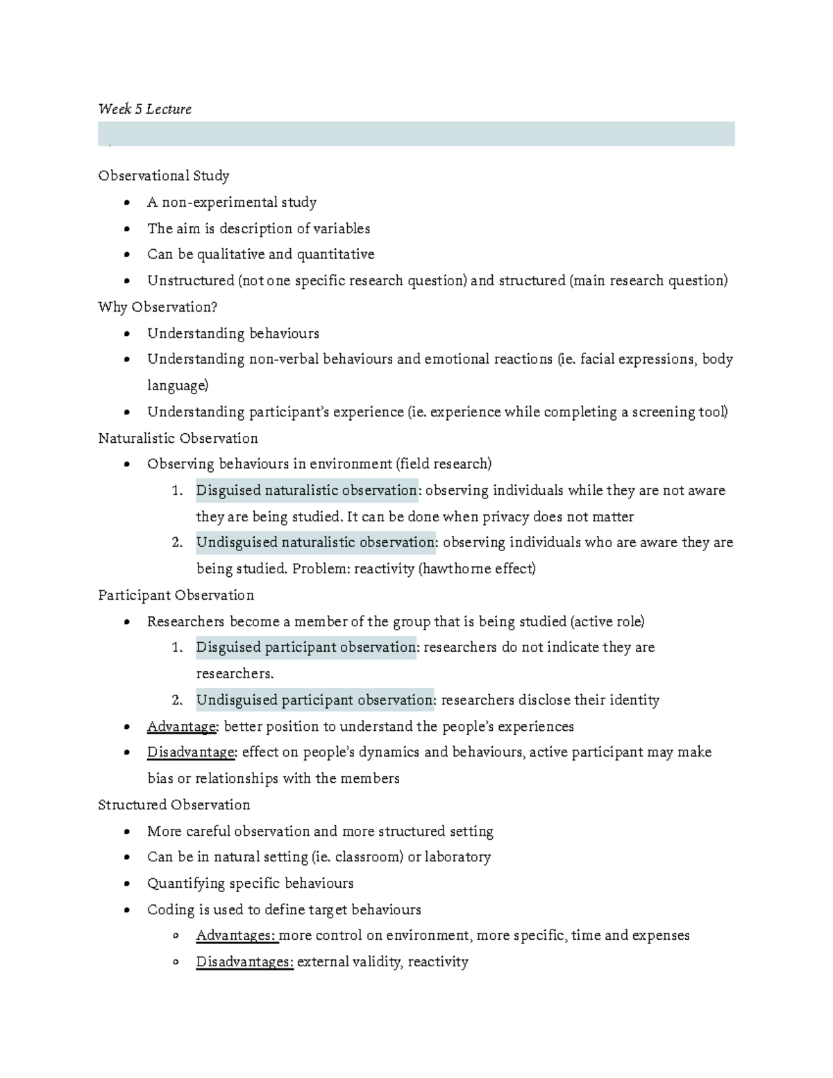 Week 5 lecture notes - .... - Week 5 Lecture Observational Study A non ...