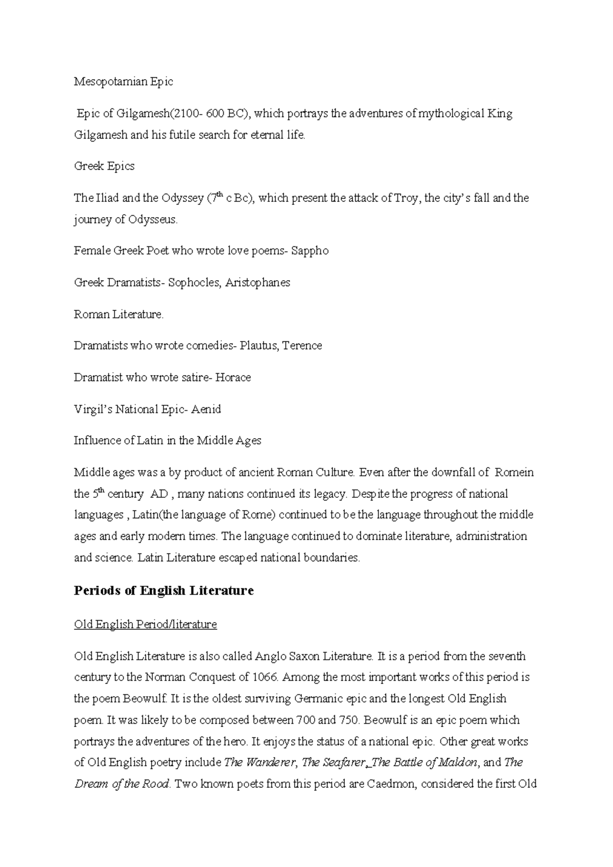 Periods notes - Mesopotamian Epic Epic of Gilgamesh(2100- 600 BC ...