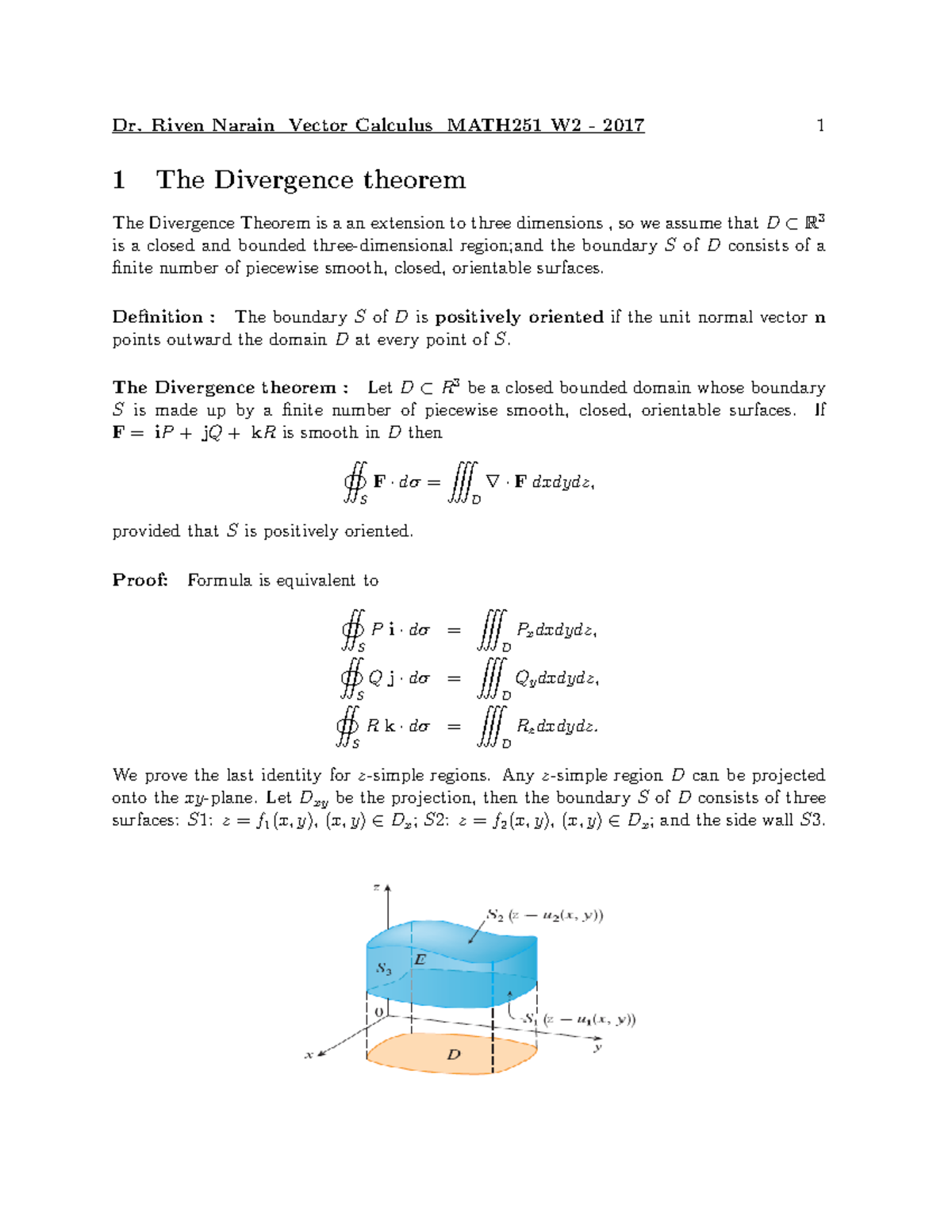Divergence Theorem - Dr. Riven Narain Vector Calculus MATH251 W2 - 2017 ...