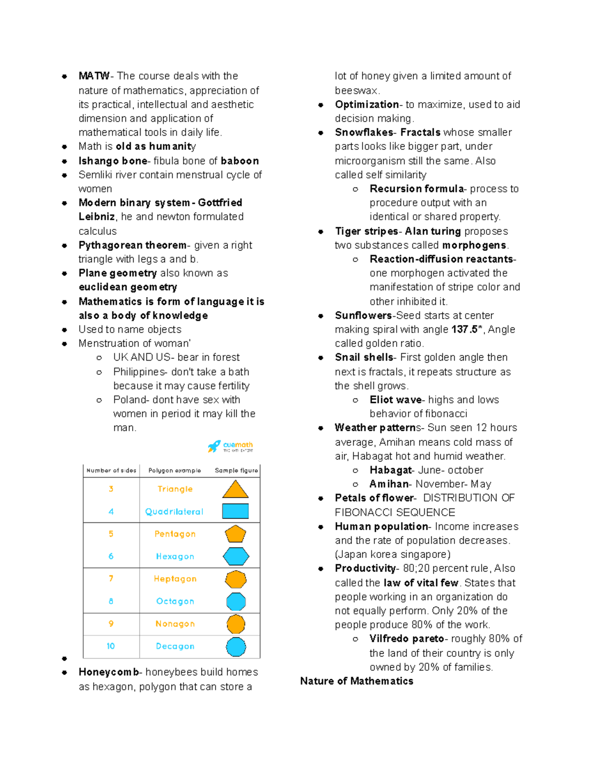 MATM Prelim - notes for freshman - MATW- The course deals with the ...