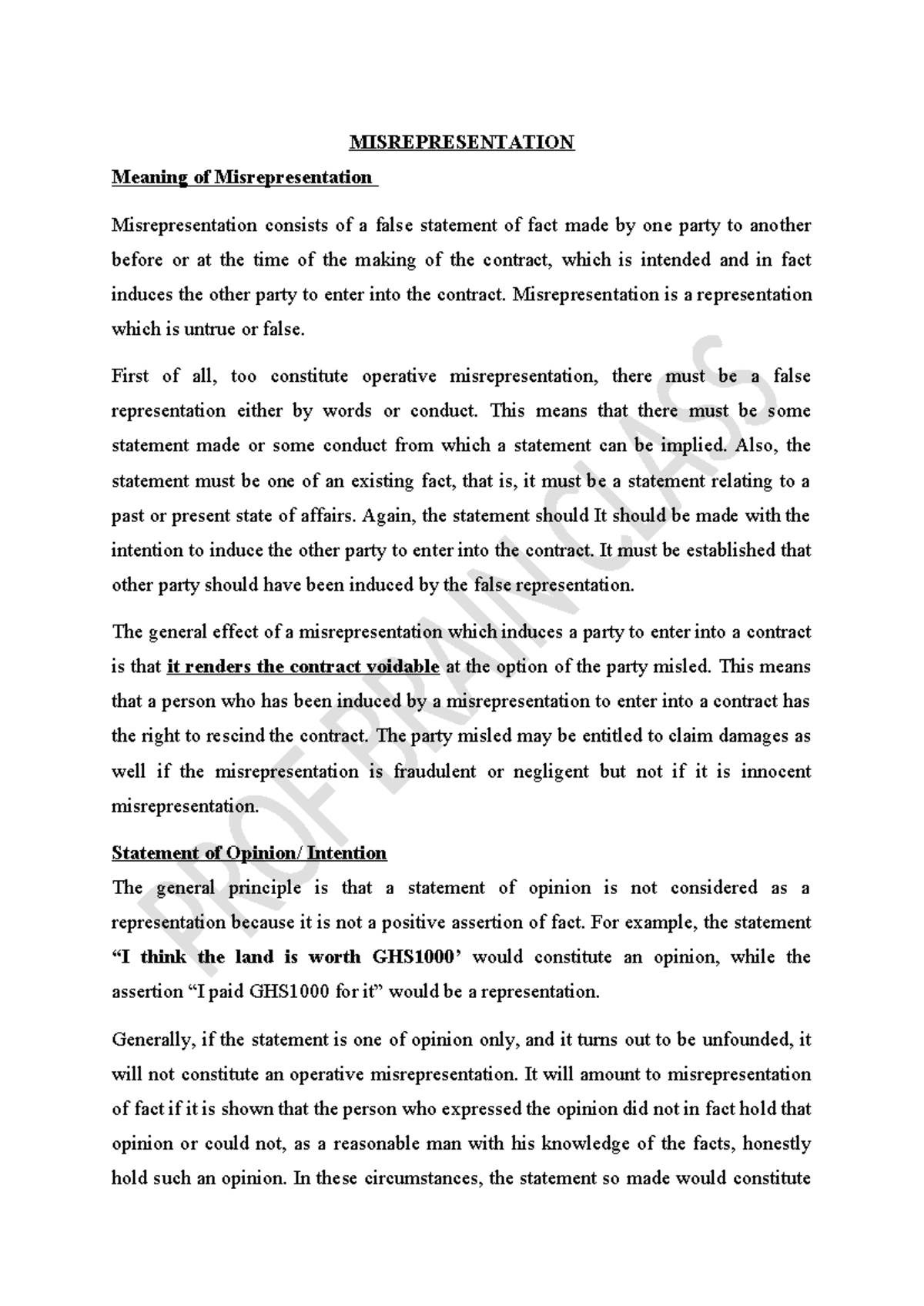 Misrepresentation Lecture Notes - MISREPRESENTATION Meaning of ...