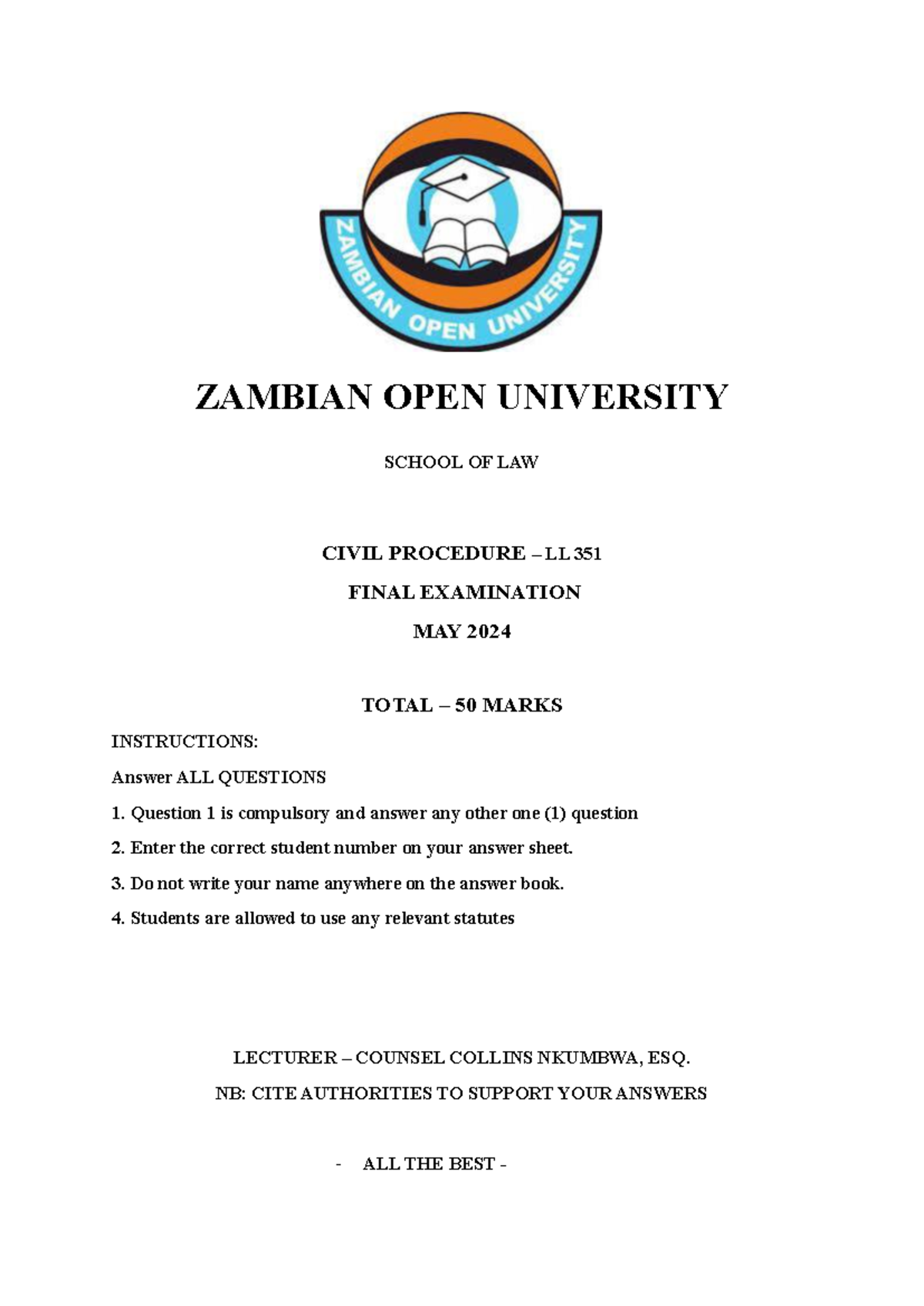 Civil Procedure – LL 351 - MAY 2024 Final EXAM - ZAMBIAN OPEN ...