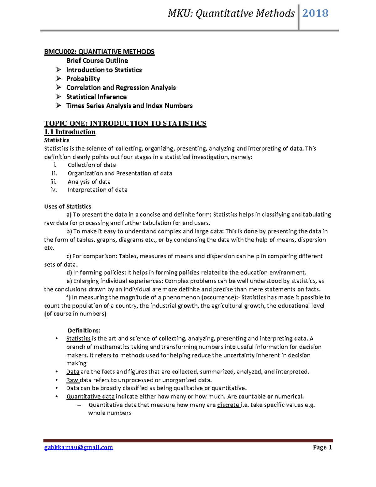 Introduction to Quantitative Methods - MKU: Quantitative Methods 2018 ...