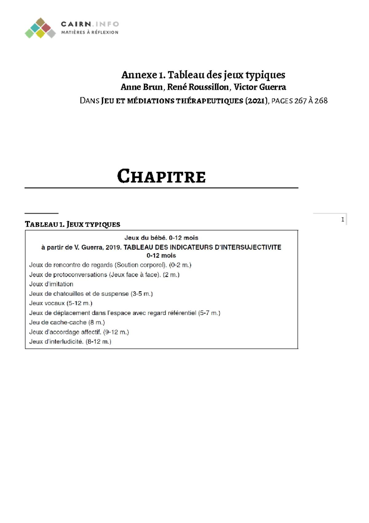 Annexe 1. Tableau des jeux typiques Cairn - Psychopathologie - Annexe 1 ...