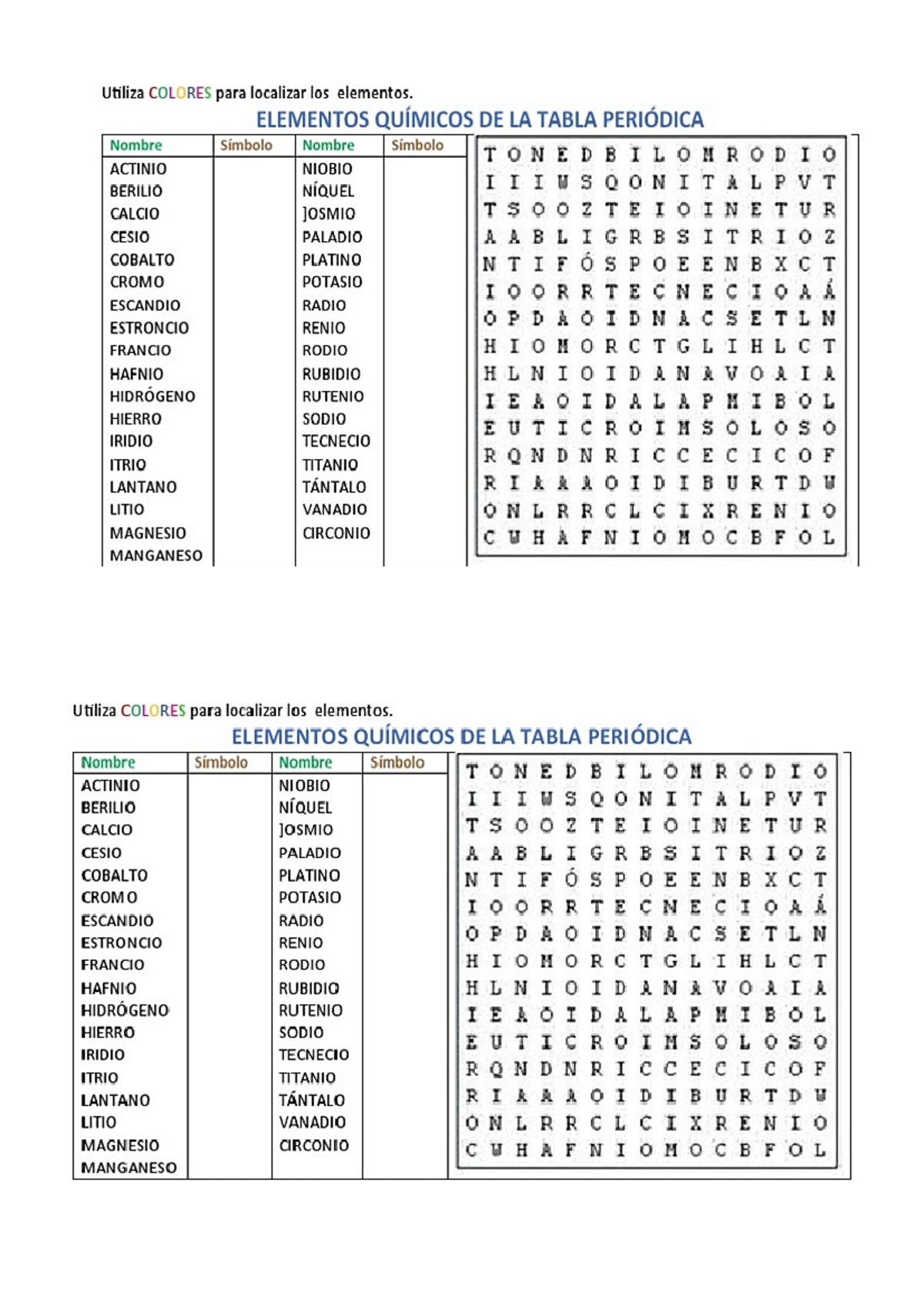 Elementoa Quimicos SOPA DE Letras - Utiliza COLORES para localizar los ...