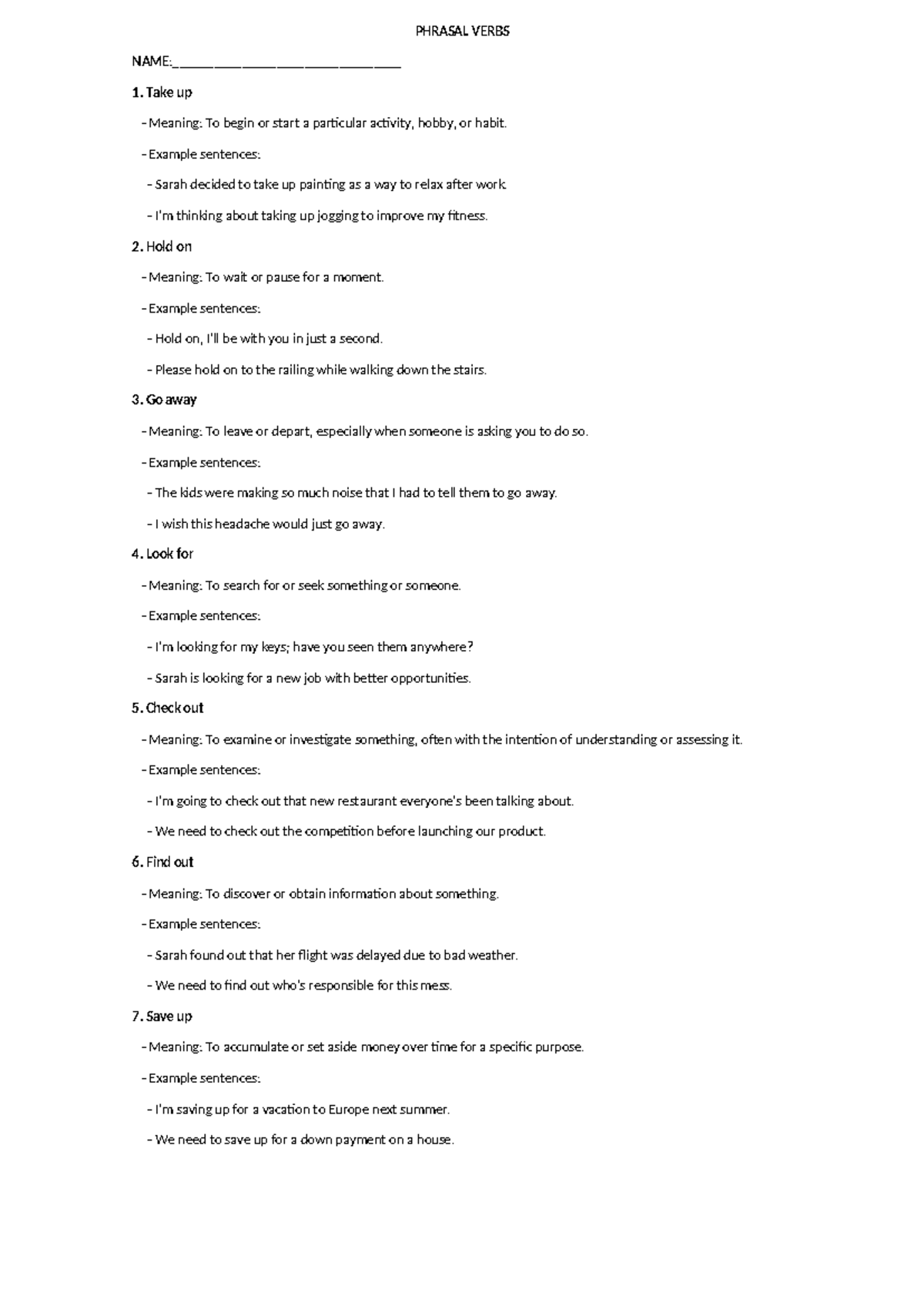 Phrasal Verbs - PHRASAL VERBS NAME ...