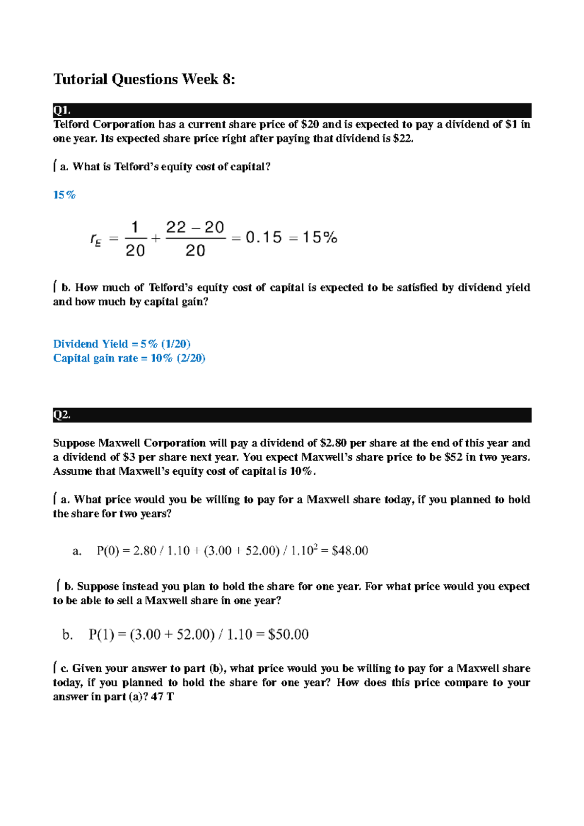FINA1221 Tutorial Week 8 - Tutorial Questions Week 8: Q1. Telford ...