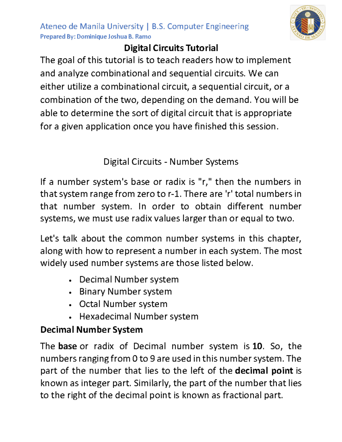 Study Guide - Digital Circuits Tutorial - Prepared By: Dominique Joshua B. Ramo Digital Circuits ...