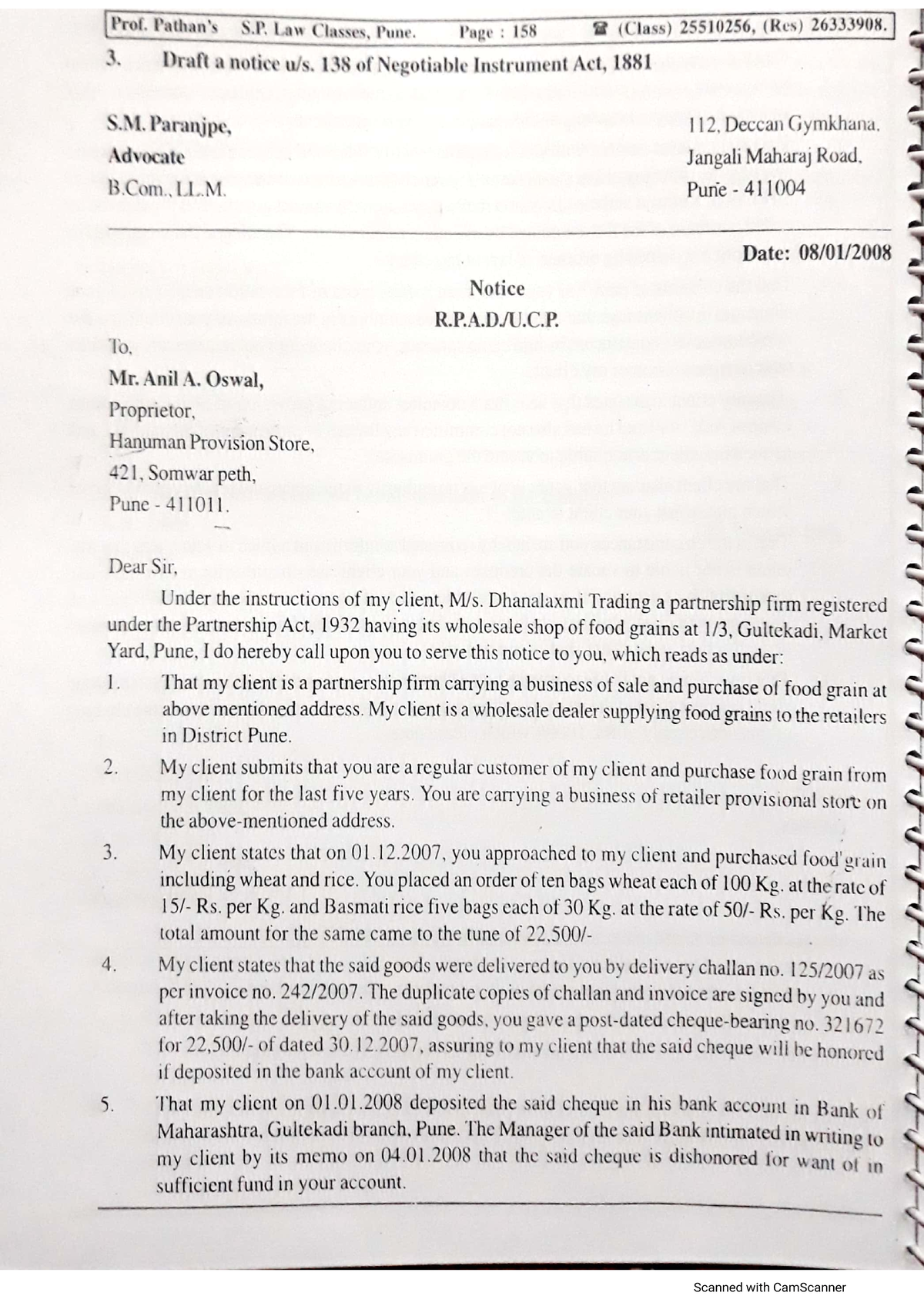Draft on section 138 of Negotiable instruments act. - BA-llb - Studocu