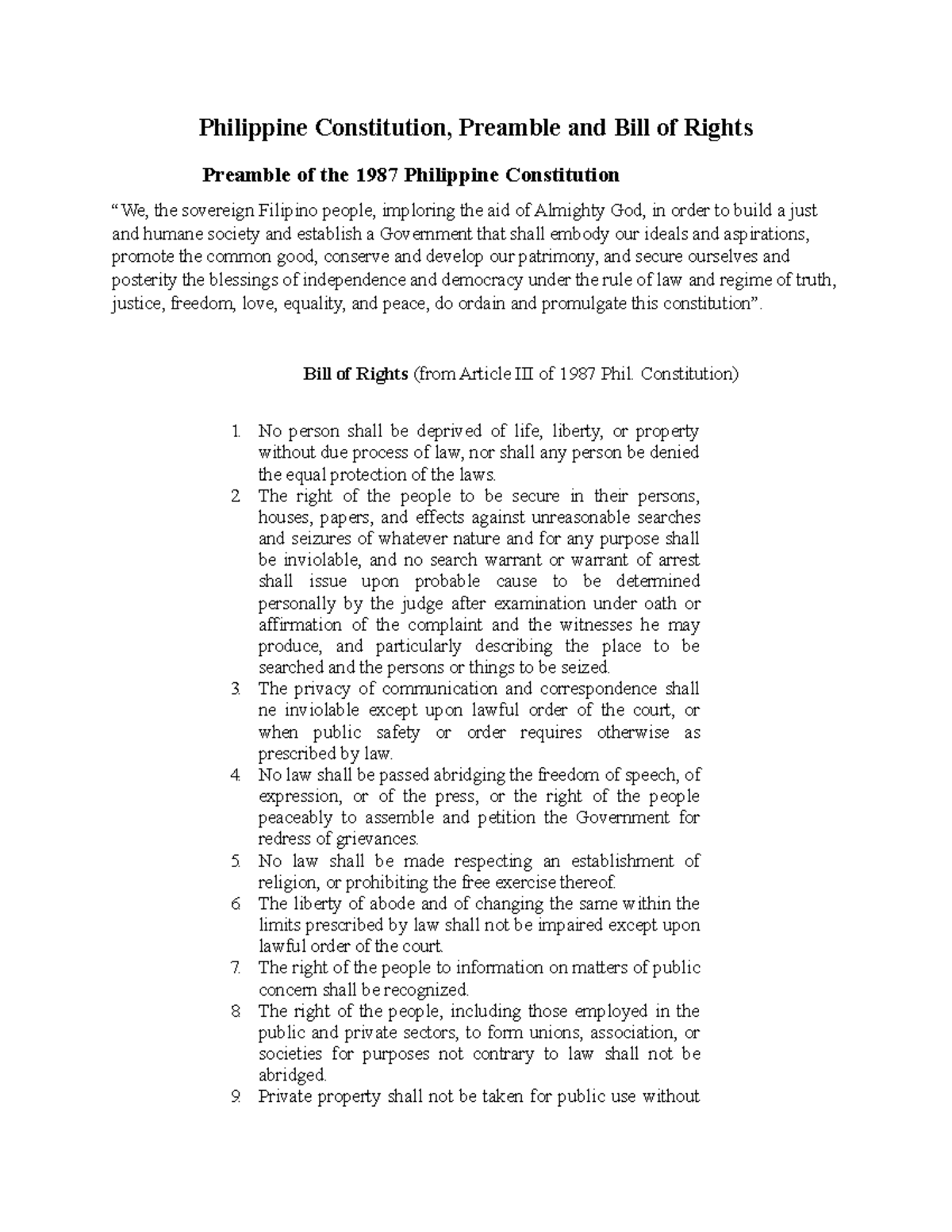 Philippine-Constitution - Philippine Constitution, Preamble and Bill of ...