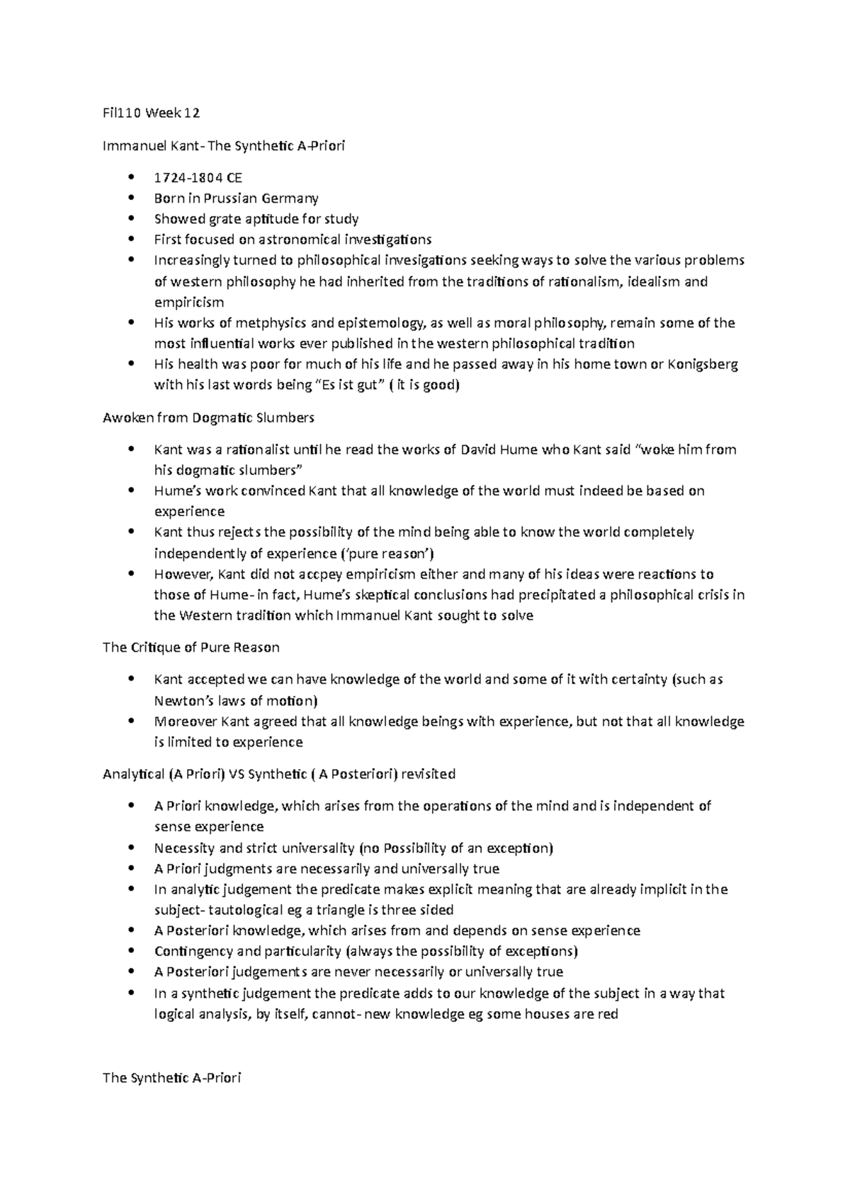 Fil110 notes week 12 - Fil110 Week 12 Immanuel Kant- The Synthetic A ...