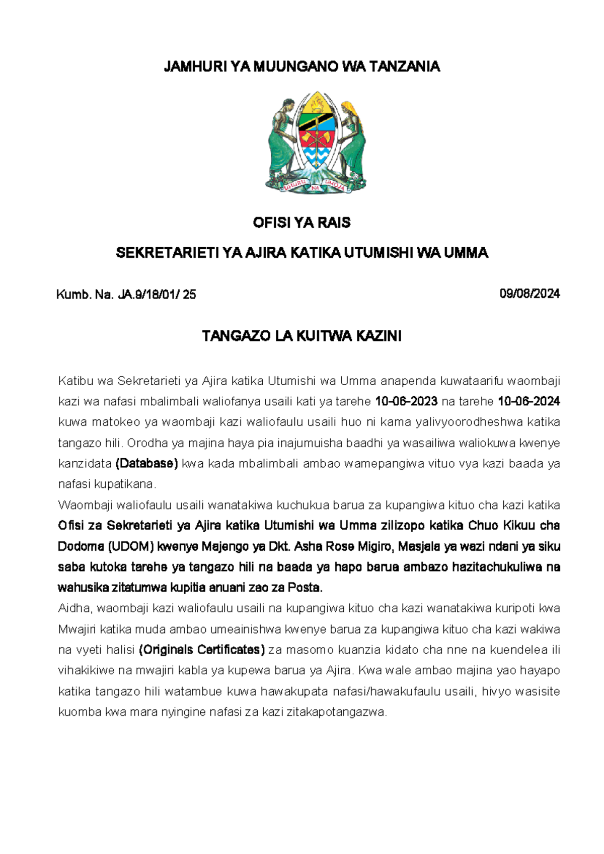 20240908441415 Tangazo LA Kuitwa Kazini - JAMHURI YA MUUNGANO WA ...