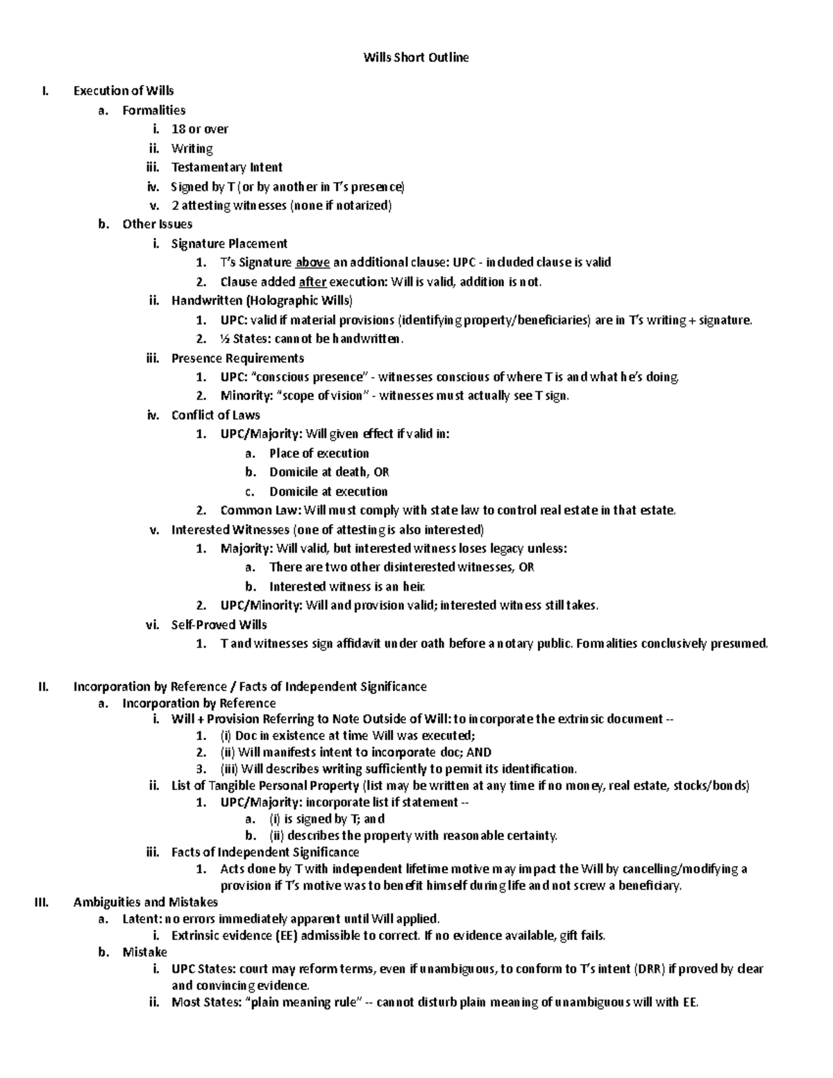Wills Short Outline - good. - Wills Short Outline I. Execution of Wills ...