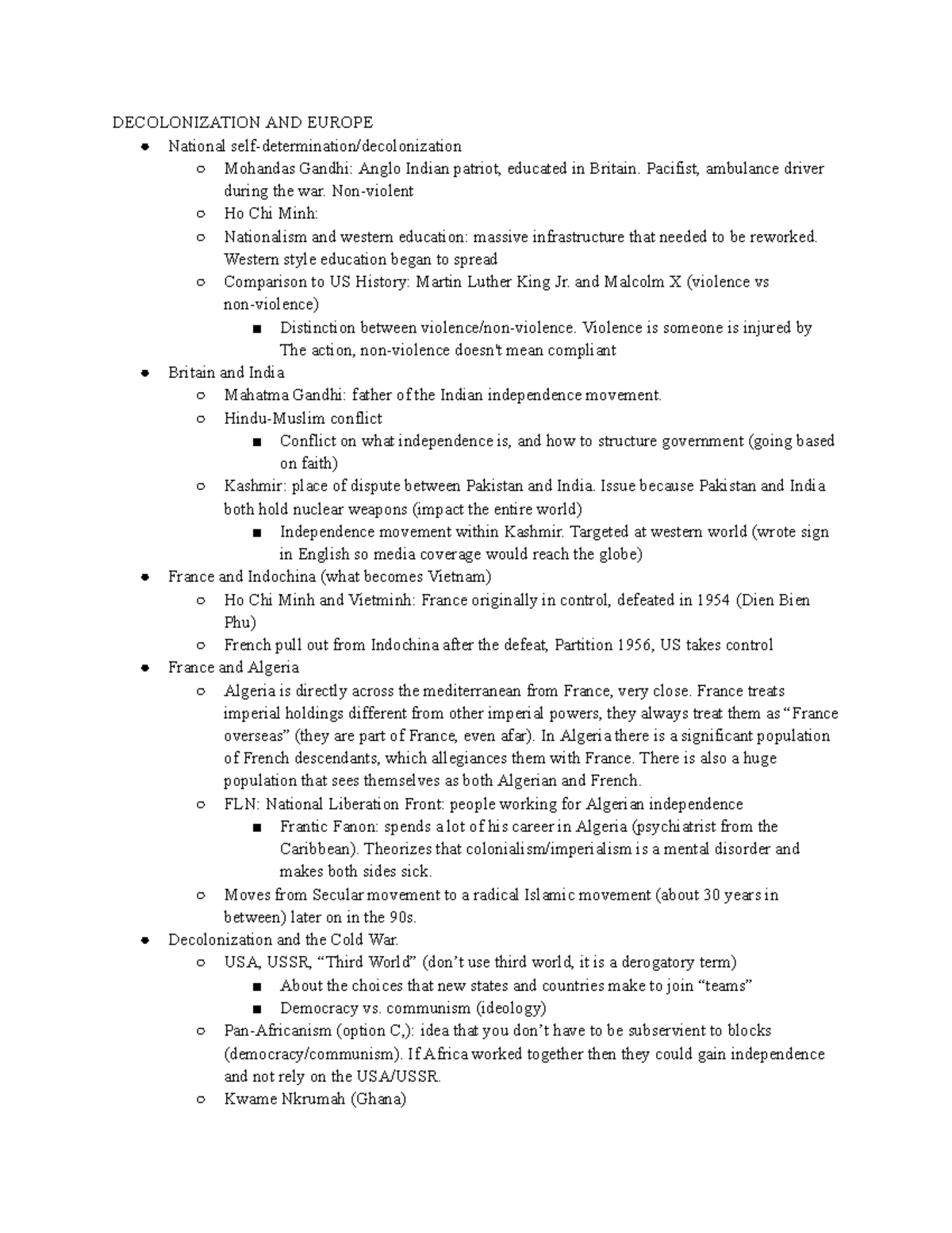 HIST 2402 Notes 5 - DECOLONIZATION AND EUROPE National self ...