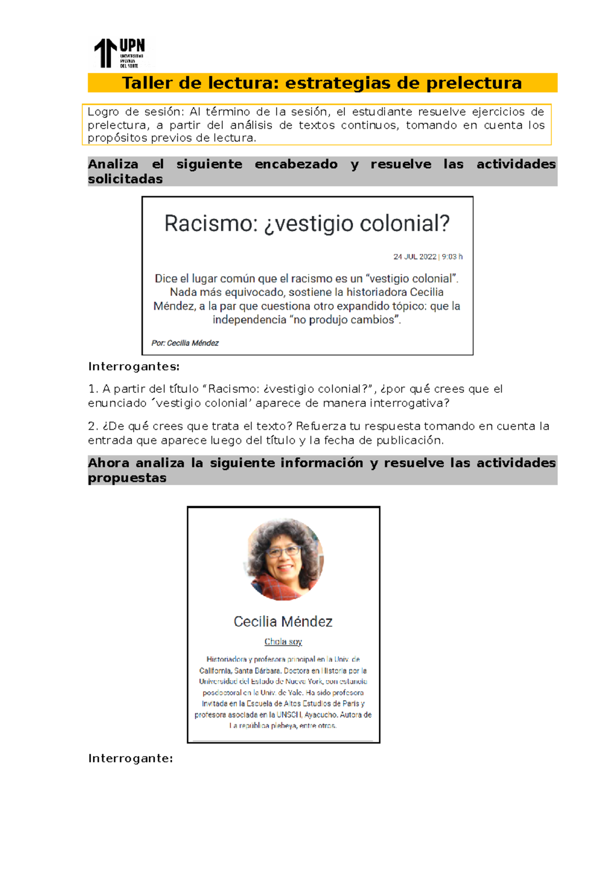 GUÍA DE Aplicación Taller DE Lectura Semana 1 - Taller de lectura ...