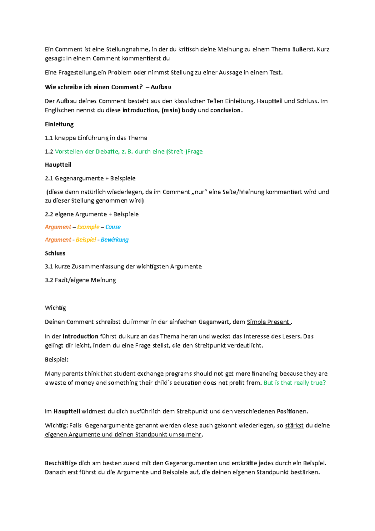 Englisch Comment Aufbau, Satzbausteine, Erklärung - Ein Comment ist ...