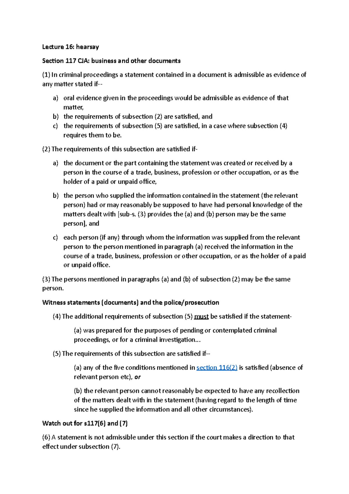 Lecture 16 hearsay - Lecture 16: hearsay Section 117 CJA: business and other documents (1) In ...