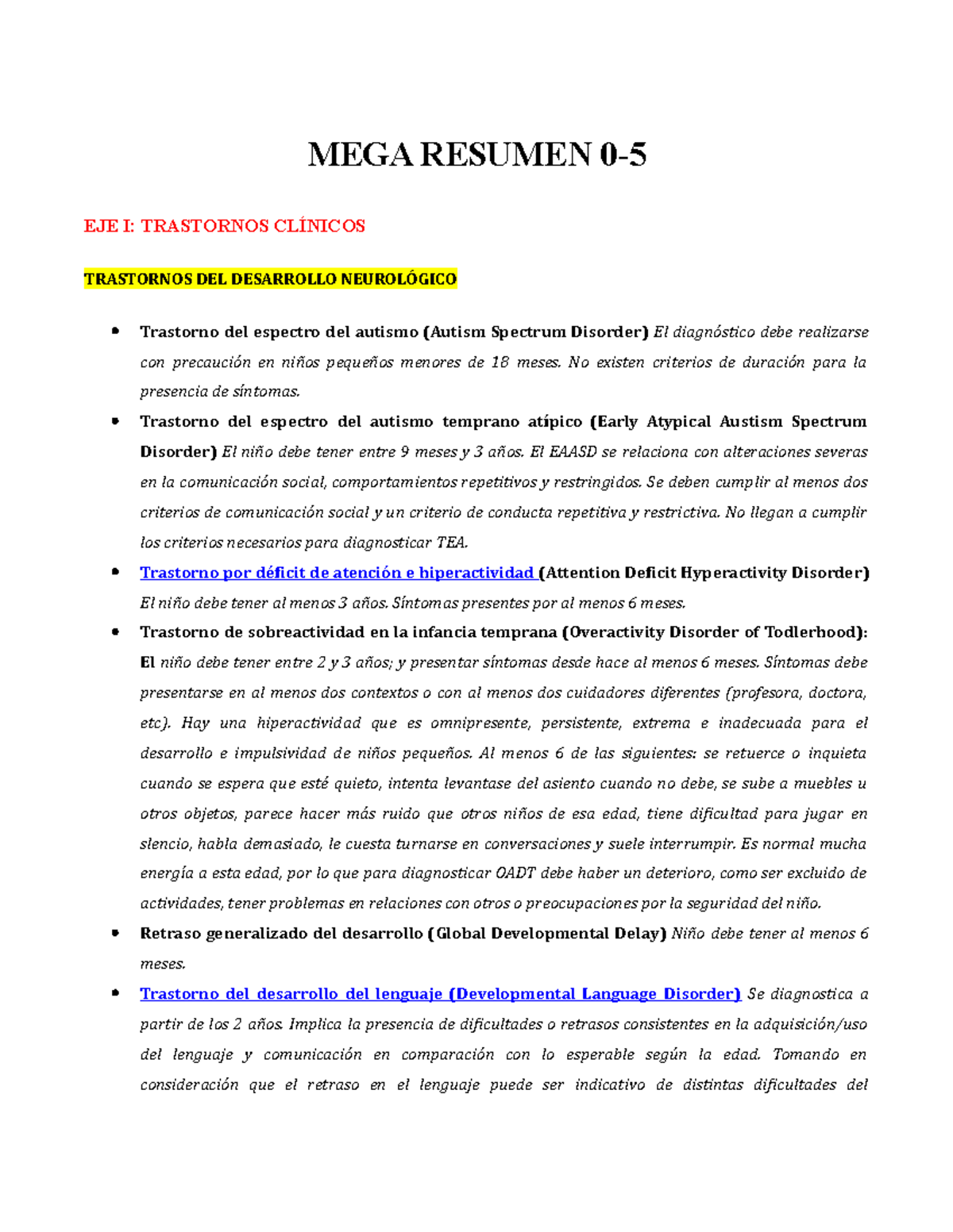 MEGA Resumen 0-5 - DC: 0-5 - MEGA RESUMEN 0- EJE I: TRASTORNOS CLÍNICOS TRASTORNOS DEL ...