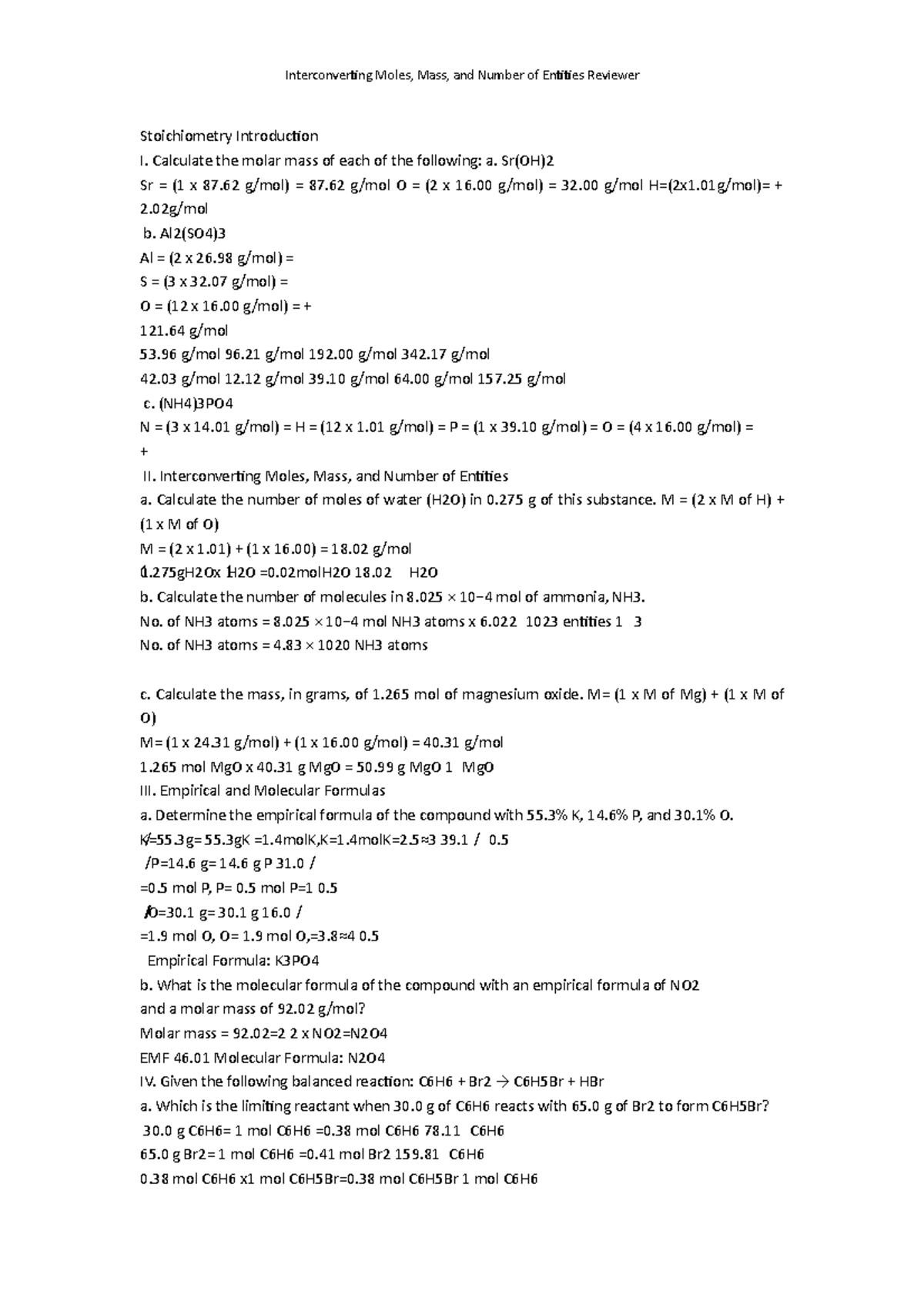 Interconverting Moles, Mass, and Number of Entities Reviewer ...