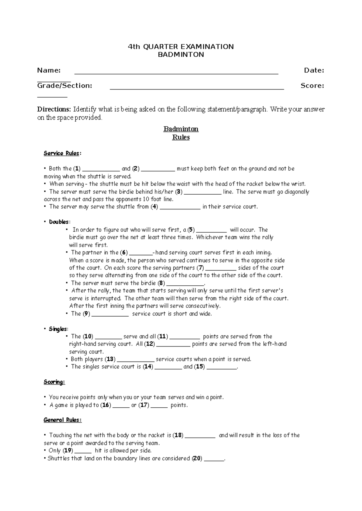 Agreement Papers in Physical Education - 4th QUARTER EXAMINATION ...