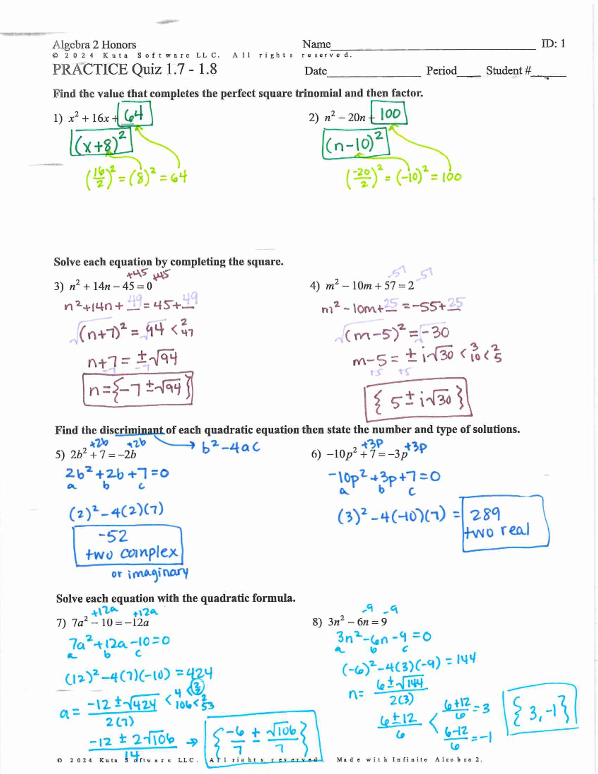 KEY Practice Quiz 1 - Algebra 2 Honors Name ID: 1 2024 Kuta Software ...