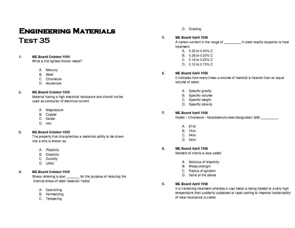 Engineering Materials Test 35 - ME Board October 1999 What is the ...