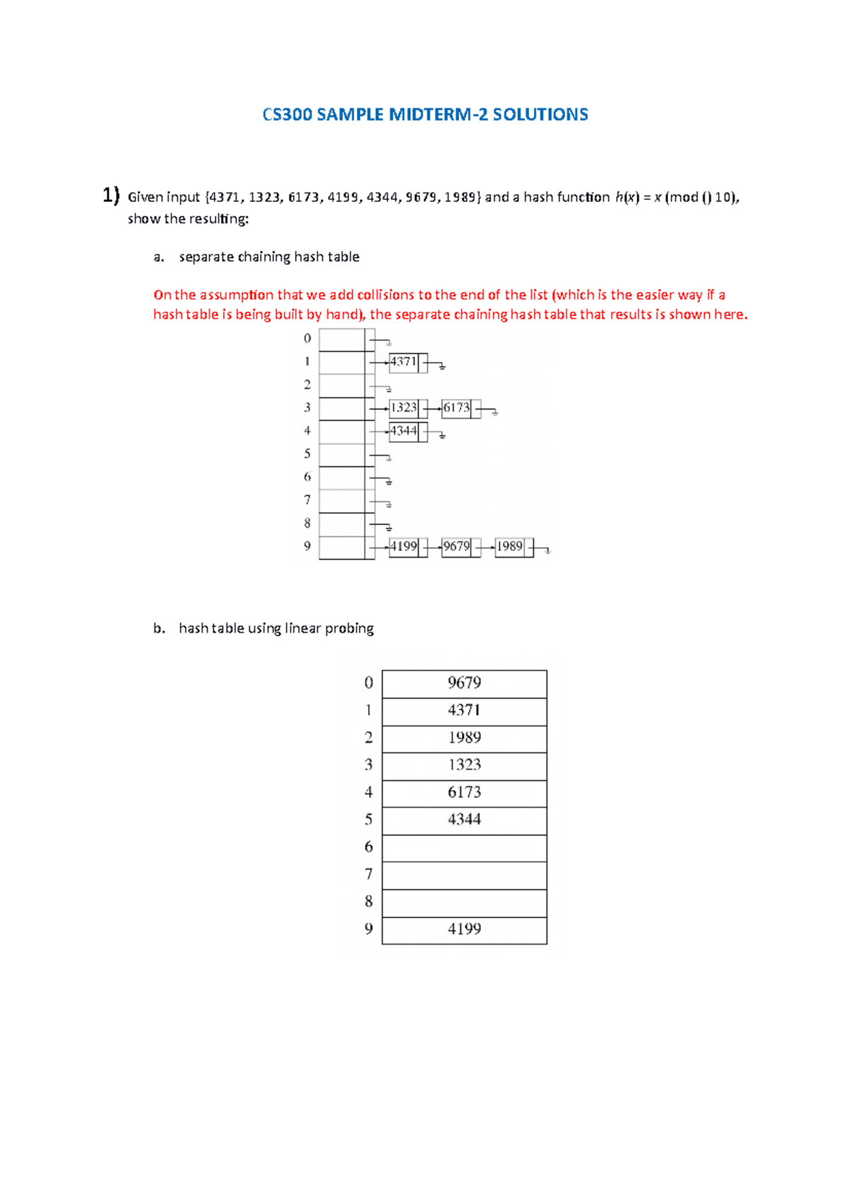 CS300 Sample Midterm-2 Solutions - CS300 SAMPLE MIDTERM-2 SOLUTIONS 1) Given input {4371, 1323 ...