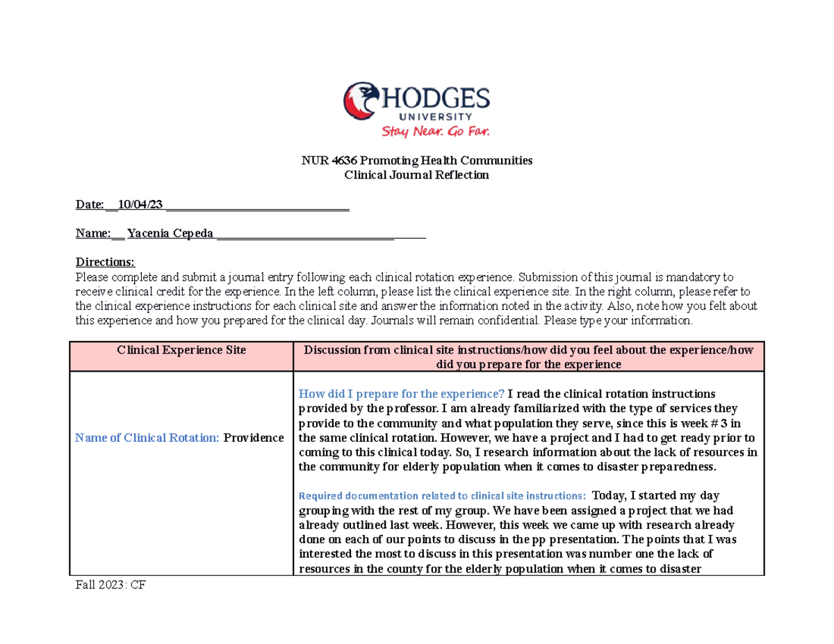 10.04 providncev Clinical Journal - NUR 4636 Promoting Health ...