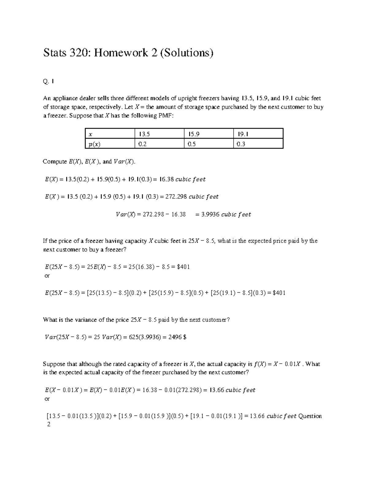 Homework 2 - Solutions - Stats 320: Homework 2 (Solutions) Q. 1 An appliance dealer sells three ...