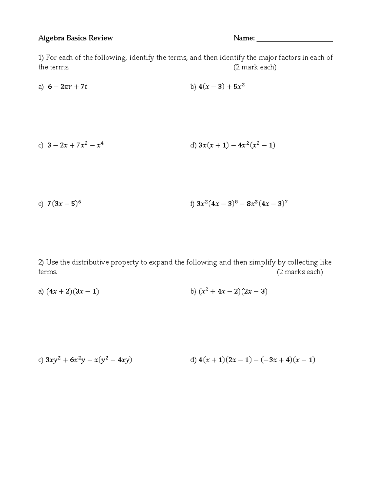 Algebra Basics Module Review 1 - Algebra Basics Review Name ...