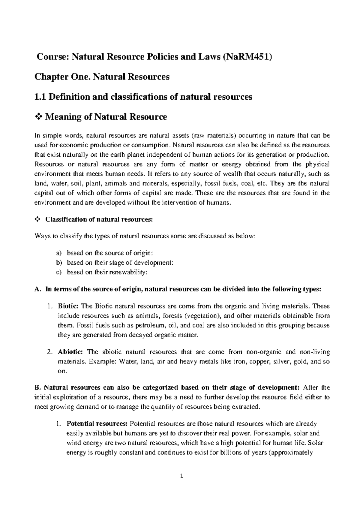 Natural resourece policy and laws cha1&2 - Course: Natural Resource ...