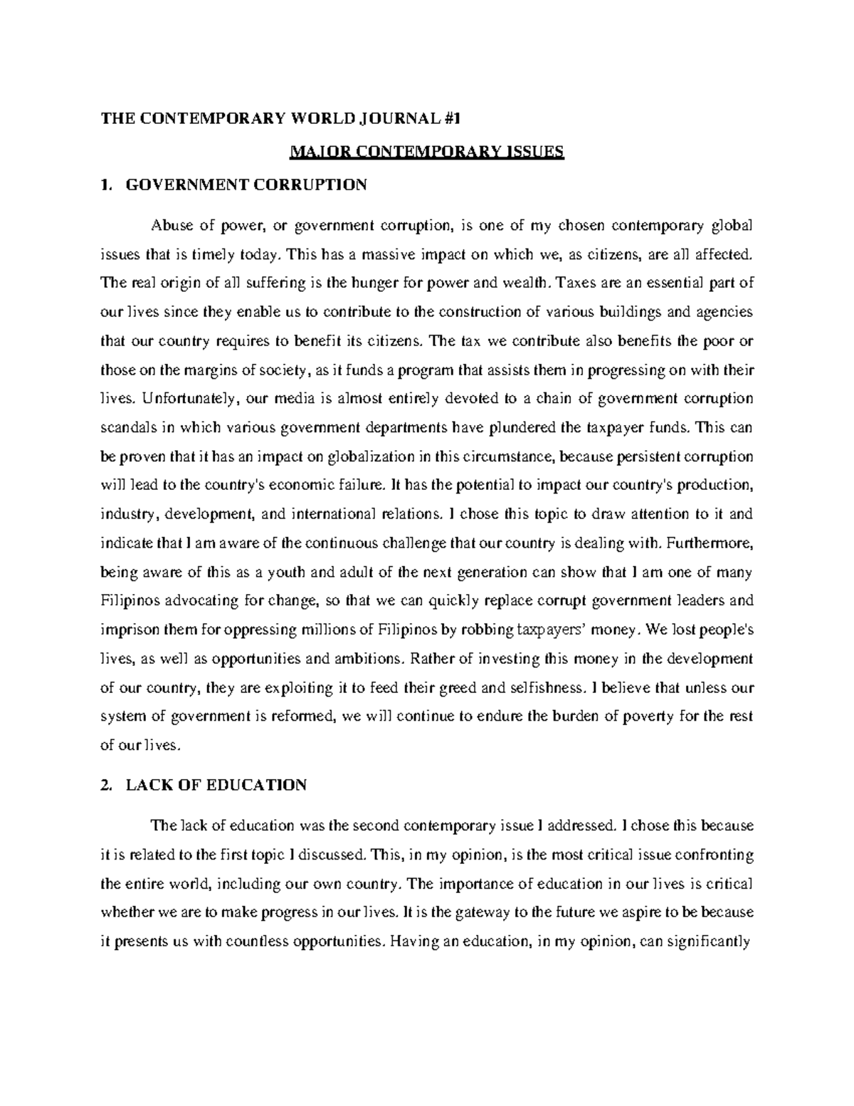 Major Contemporary Issue - Journal 1 - THE CONTEMPORARY WORLD JOURNAL ...