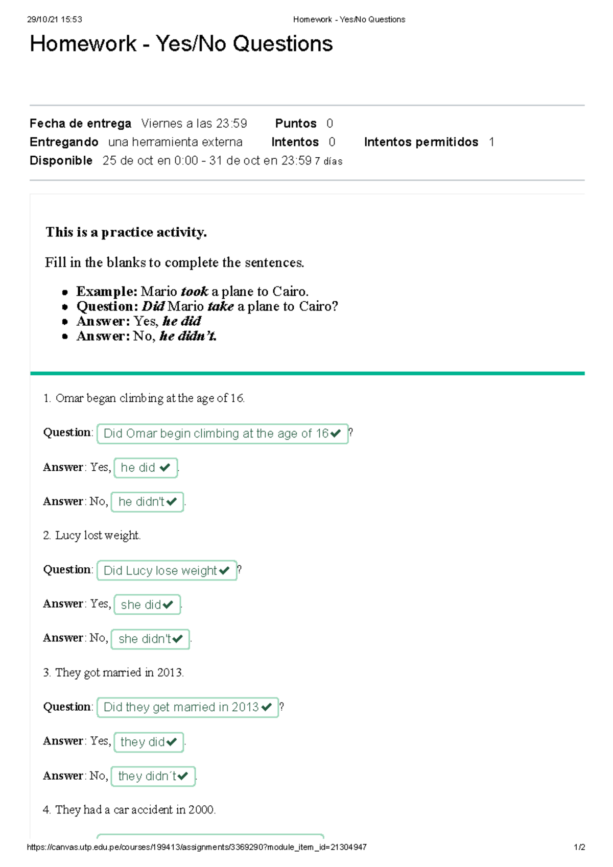 Homework - Yes No Questions Semana 3, Ingles II - 29/10/21 15:53 ...