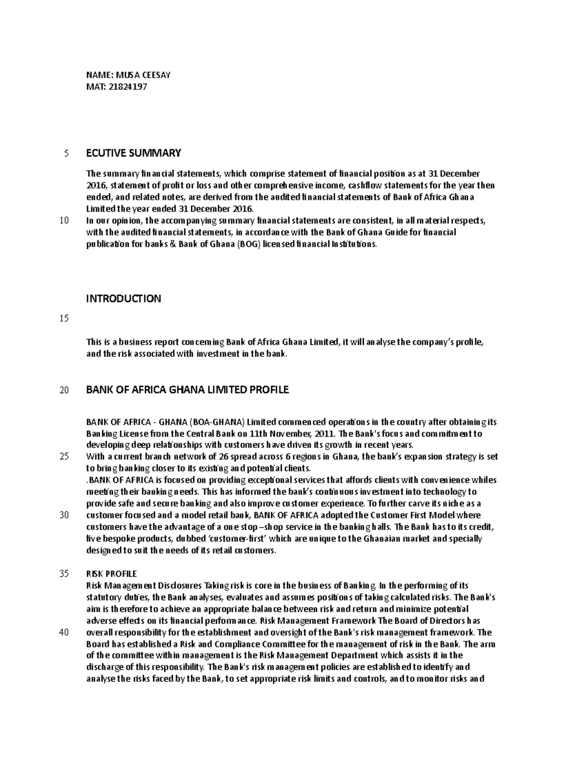 Business Coporate Finance Assingment - NAME: MUSA CEESAY MAT: 21824197 ...